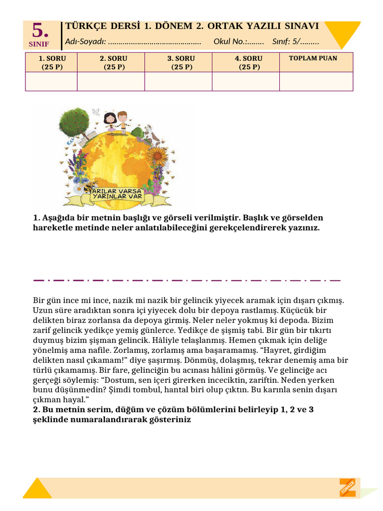 5.sinif 1. Donem 2.yazili Z Turkce Meb 6. Senaryo | PDF