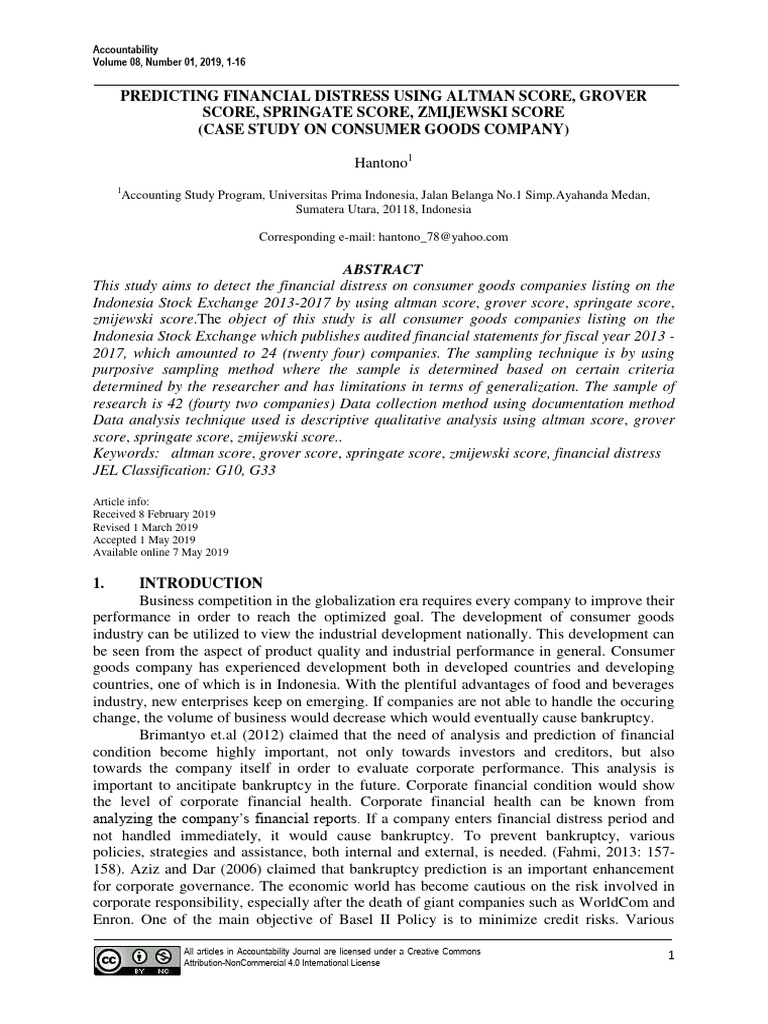 Predicting Financial Distress Using Altman Score, Grover Score ...