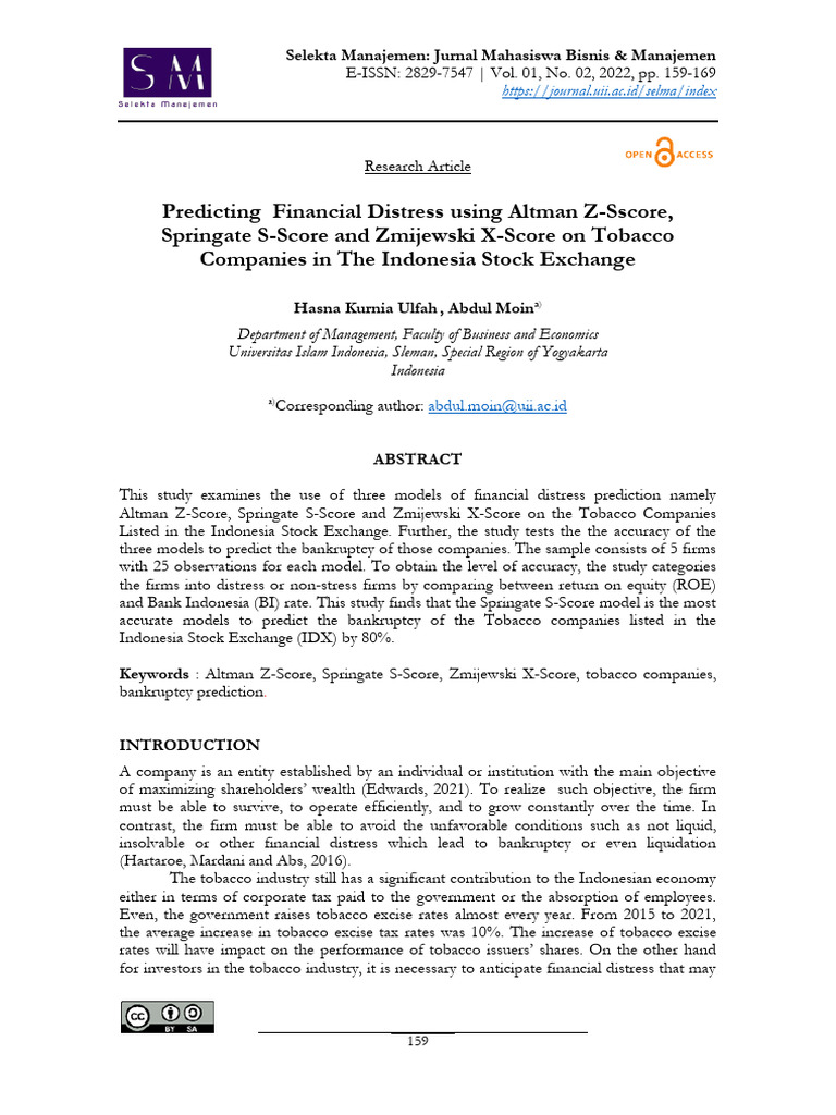 Predicting Financial Distress Using Altman Z-Score, Springate S-Score ...