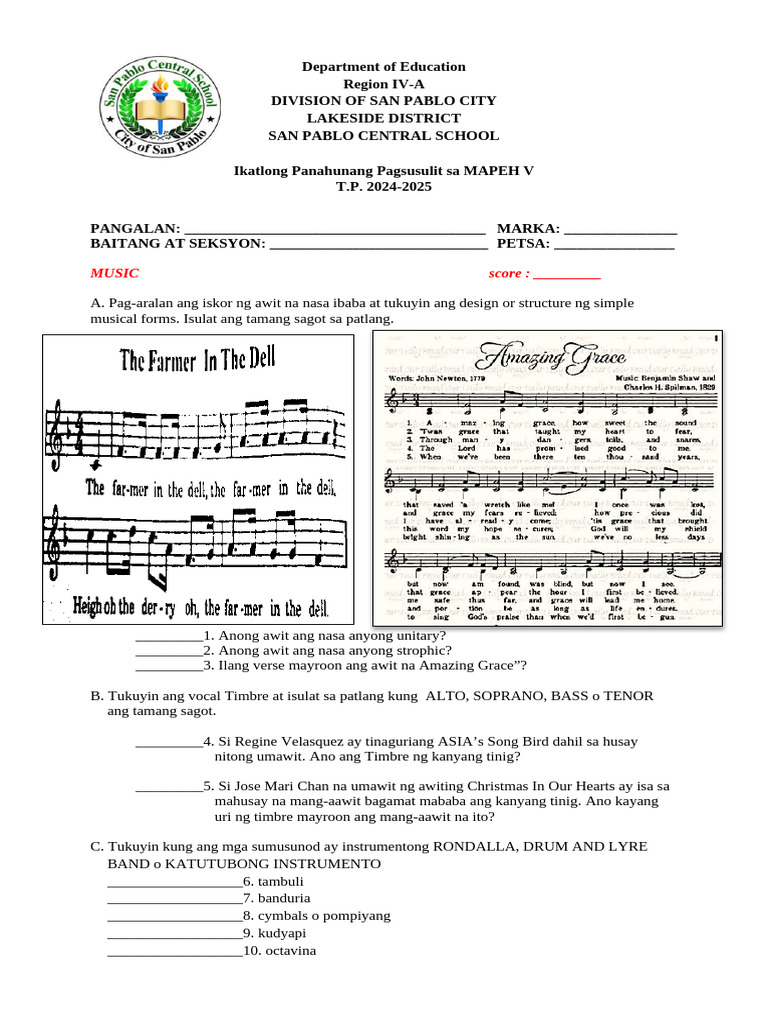 Mapeh 5 Q3 PT 2024-2025 | PDF