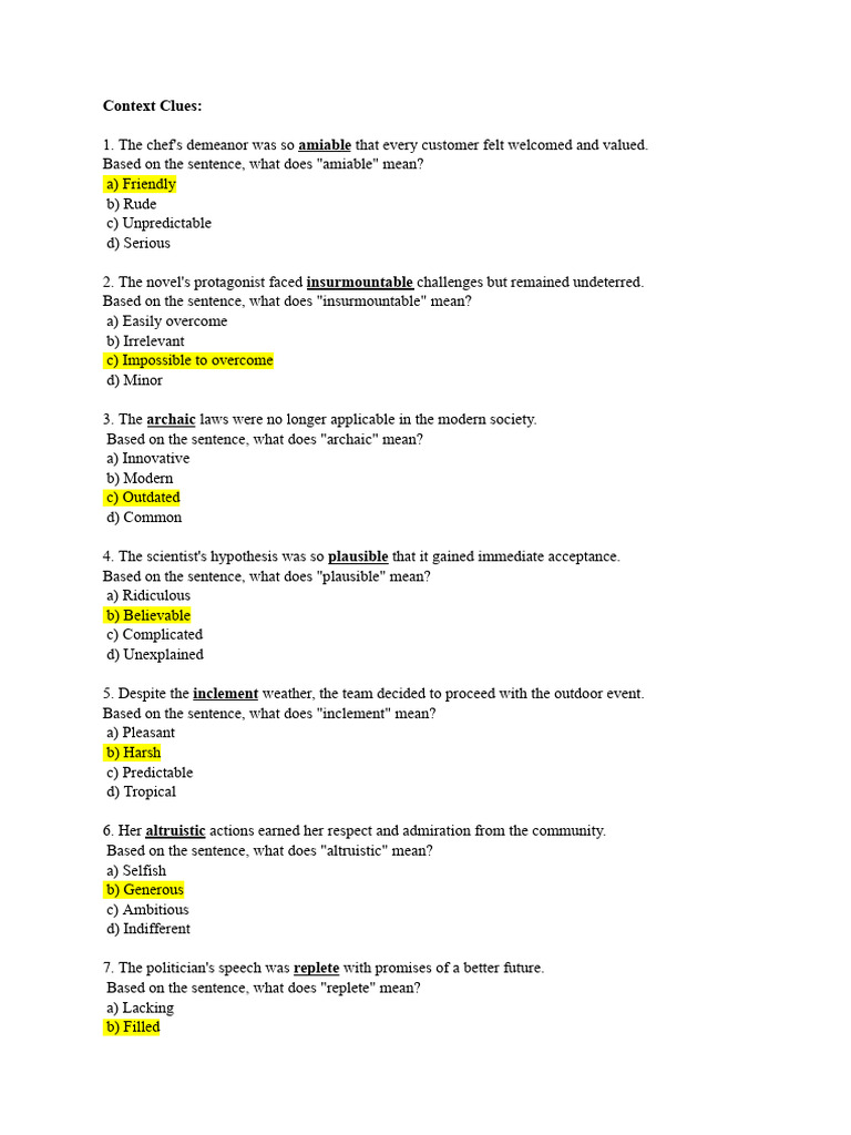 Vocabulary Context Clues Quiz | PDF