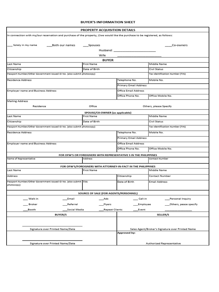 Buyers Information Sheet | PDF | Identity Document | Government And Personhood