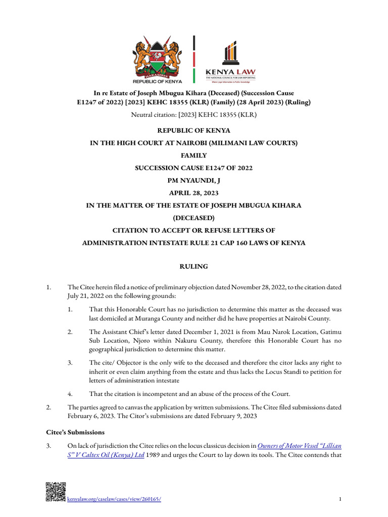 Ruling on Jurisdiction in Kihara Estate Case | PDF | Jurisdiction | Probate