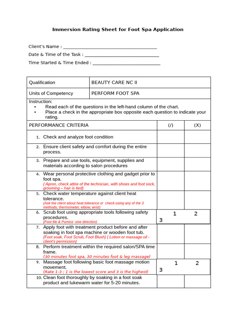 Immersion Rating Sheet For Foot Spa Application | PDF | Massage
