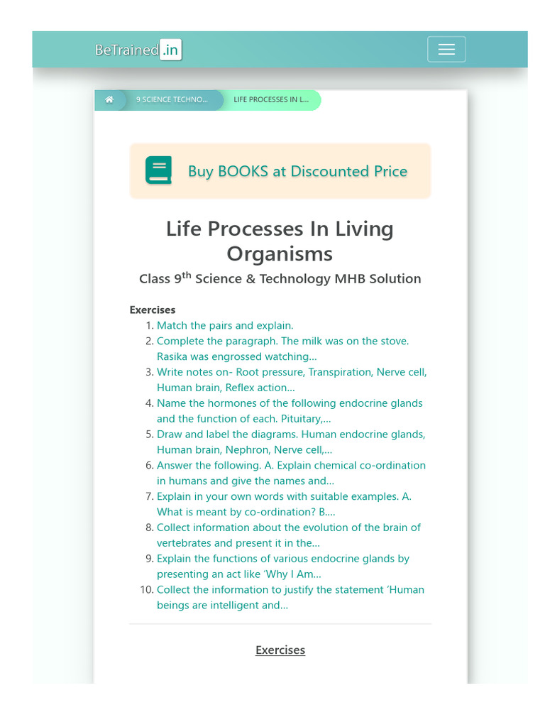 Betrained in MHB 9 Science Technology Life Processes in Living Organisms Solutio... | PDF ...