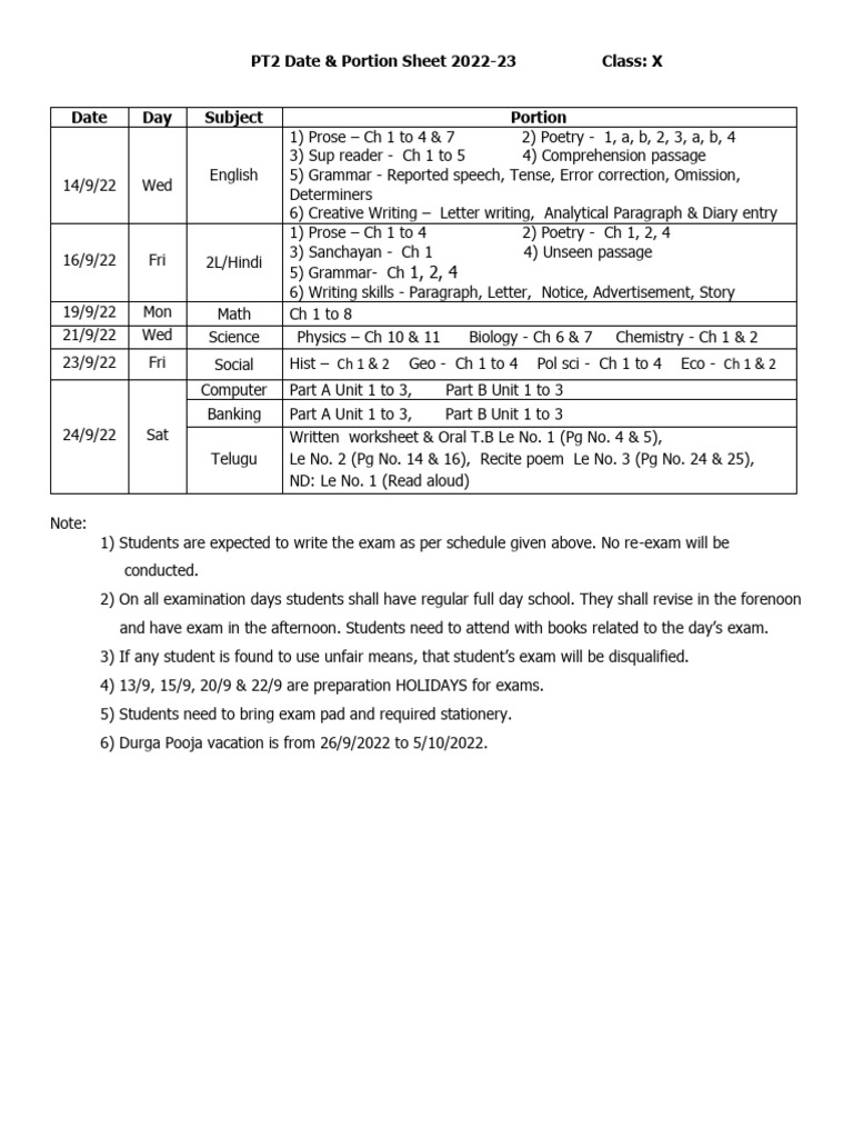PT2 Exam Schedule - Grade X | PDF