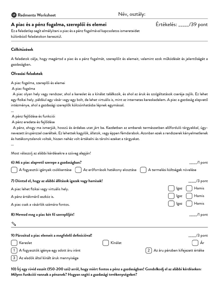 Piac És Pénz Fogalma, Szereplői, Elemei - Órai Feladatok | PDF