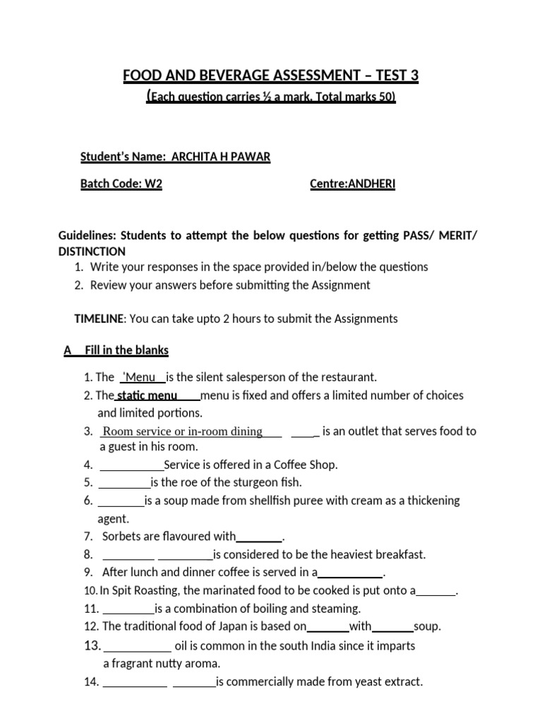 Food and Beverage Assessment Test | PDF | Sauce | Restaurants