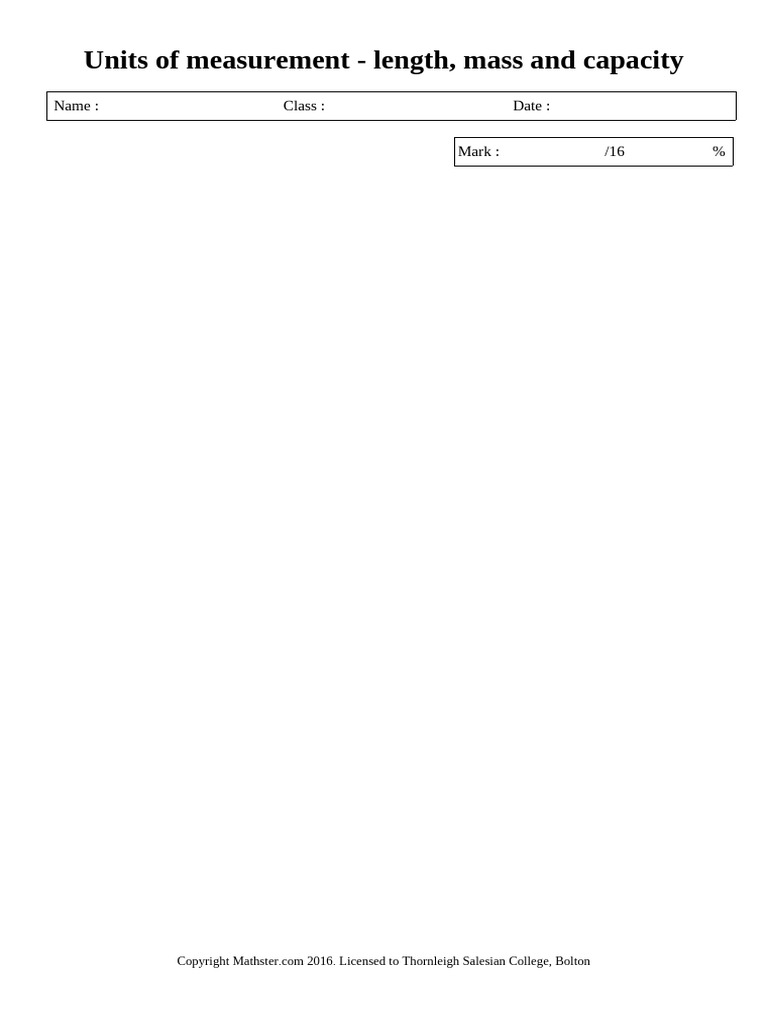 Units of Measurement - Length, Mass and Capacity - 1 | PDF