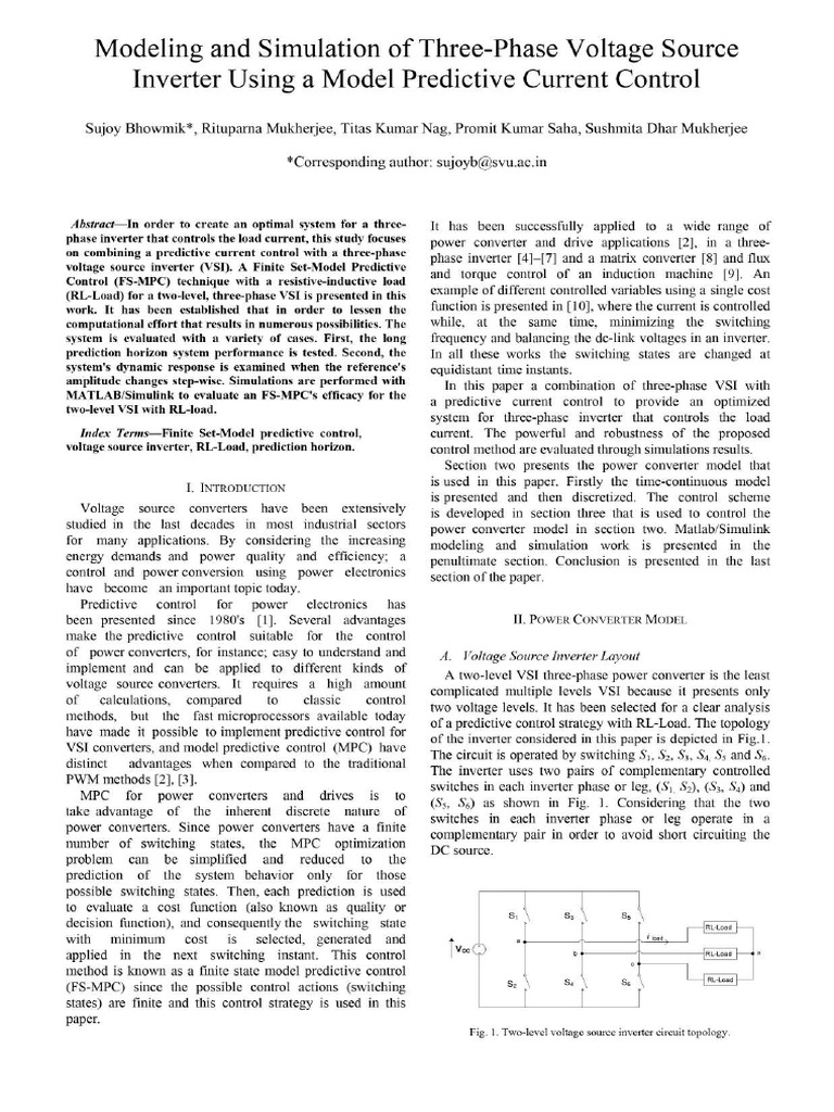 Modeling And Simulation Of Three Phase Voltage Source Inverter Using A Model Predictive Current