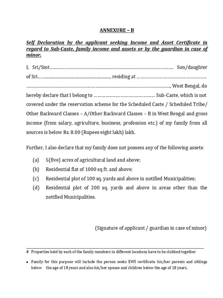 EWS Self Declaration Form Annexure B | PDF
