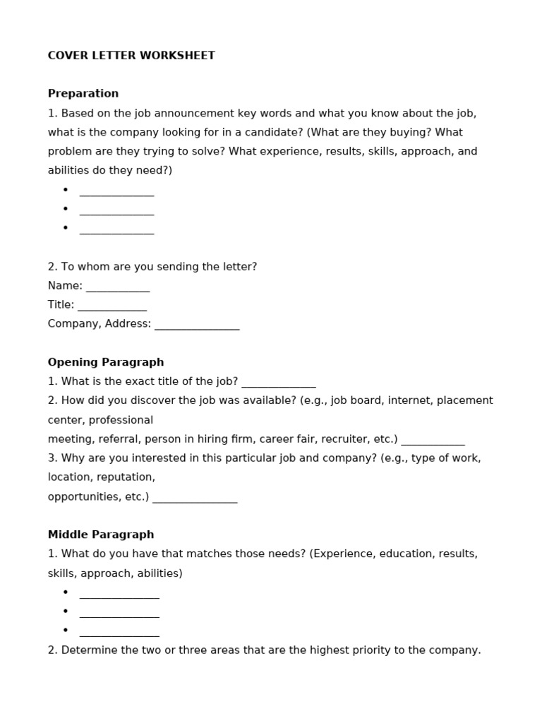 Cover Letter Preparation Worksheet | PDF