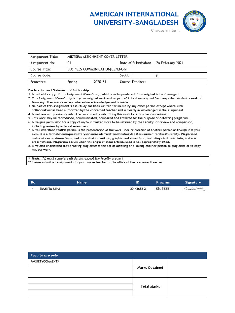 Midterm Assignment Cover Letter | PDF | Plagiarism