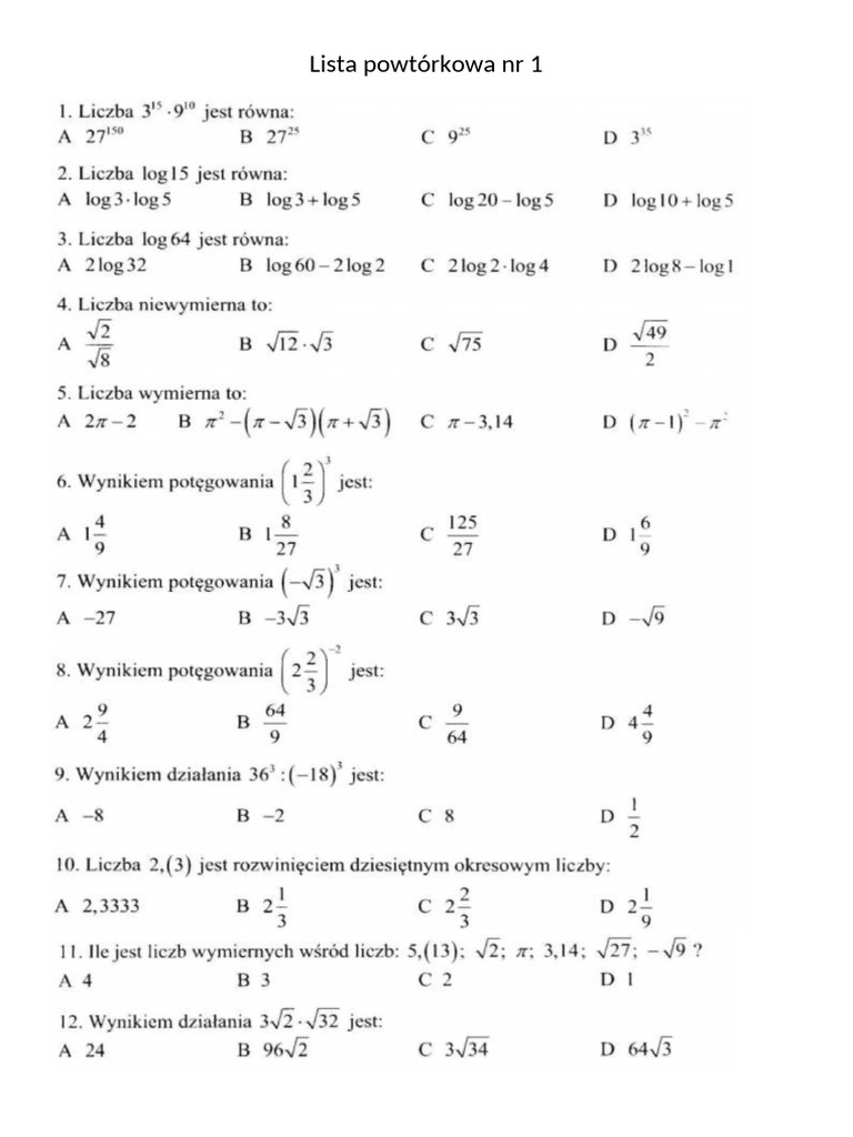 Lista Powtórkowa NR 1 | PDF