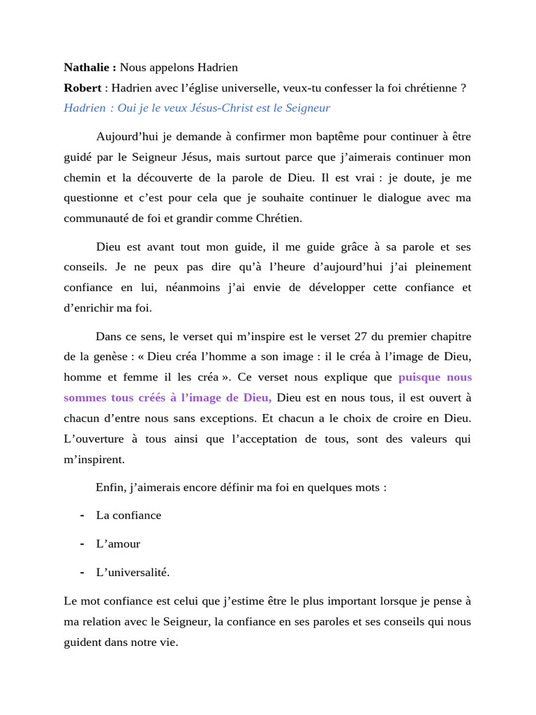 Hadrien : Confession et chemin de foi | PDF