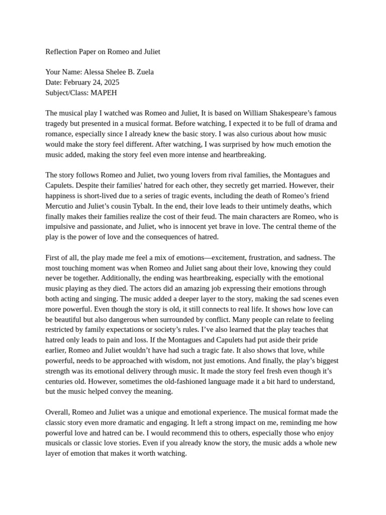 Reflection Paper On Romeo and Juliet | PDF | Characters In Romeo And ...