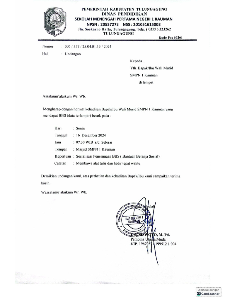 Undangan Wali Murid Penerima BBS-1 | PDF