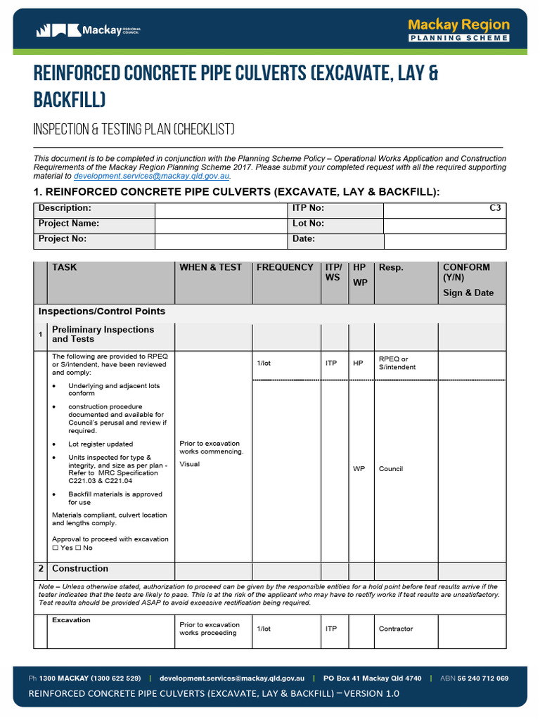 ITP_Checklist_1_-_Reinforced_Concrete_Pipe_Culverts_Excavate,_Lay,_and ...