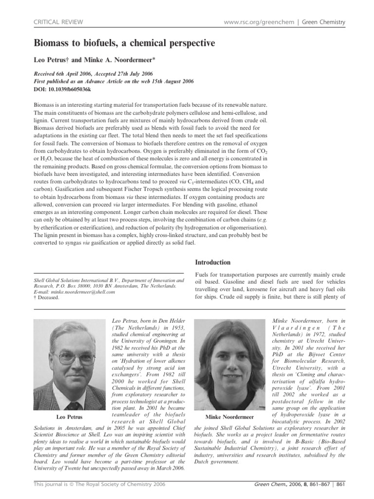 Biomass To Biofuels, A Chemical Perspective Green Chemystry | PDF ...