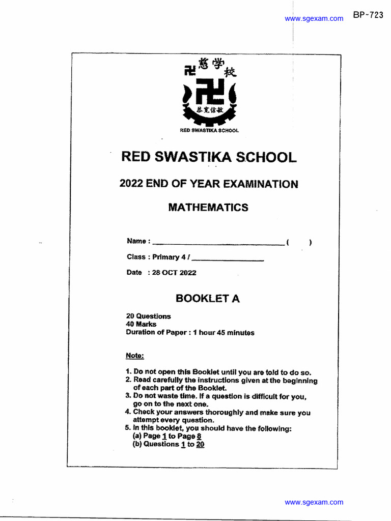 2022 P4 Maths Semestral Assessment 2 Red Swastika | PDF
