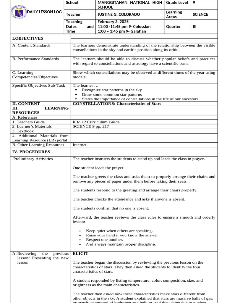 Science 9 Constelations (Patterns in The Sky Part 1) | PDF | Teachers ...