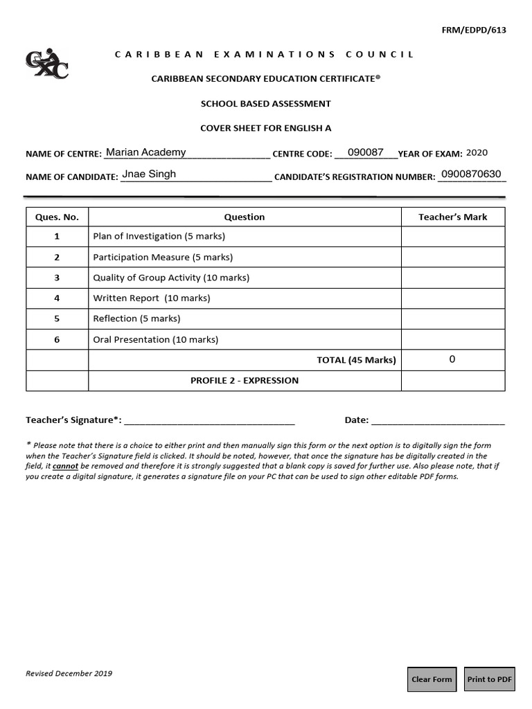 English SBA Cover Sheet Template | PDF