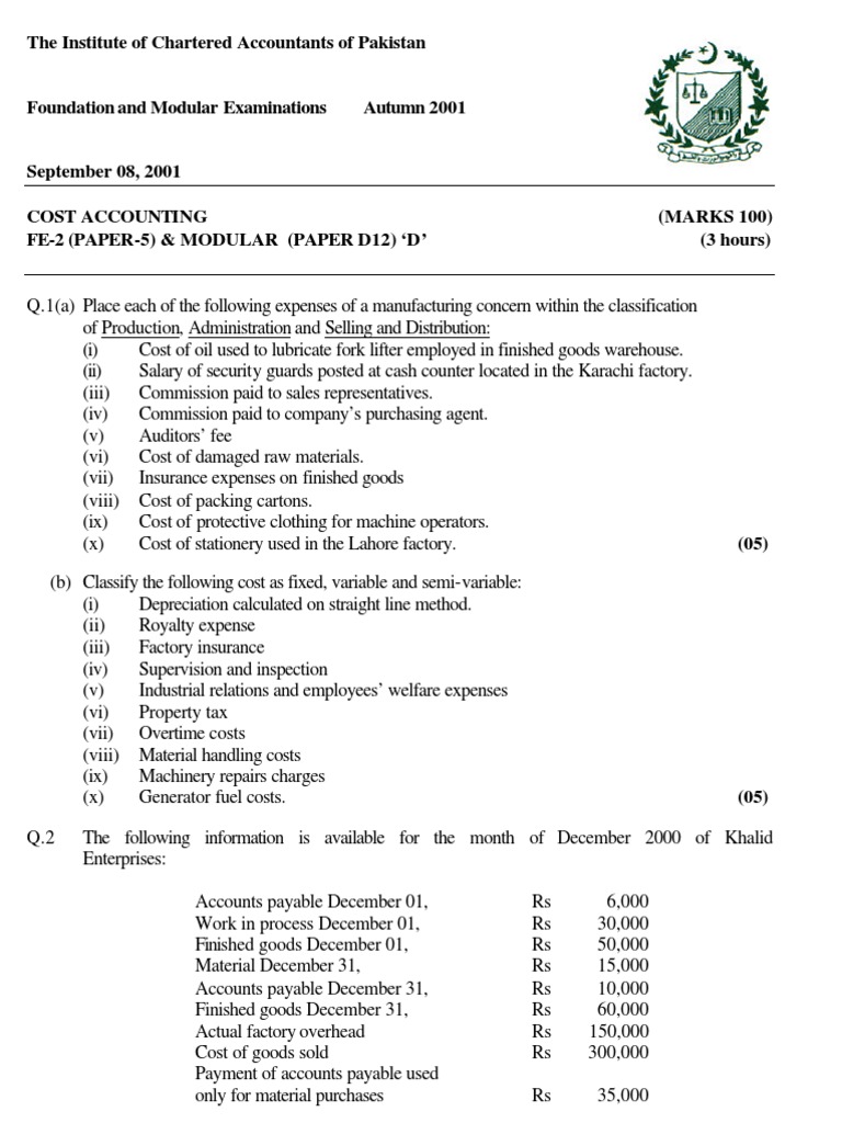 Cost Accounting Past Papers | PDF | Finance & Money Management
