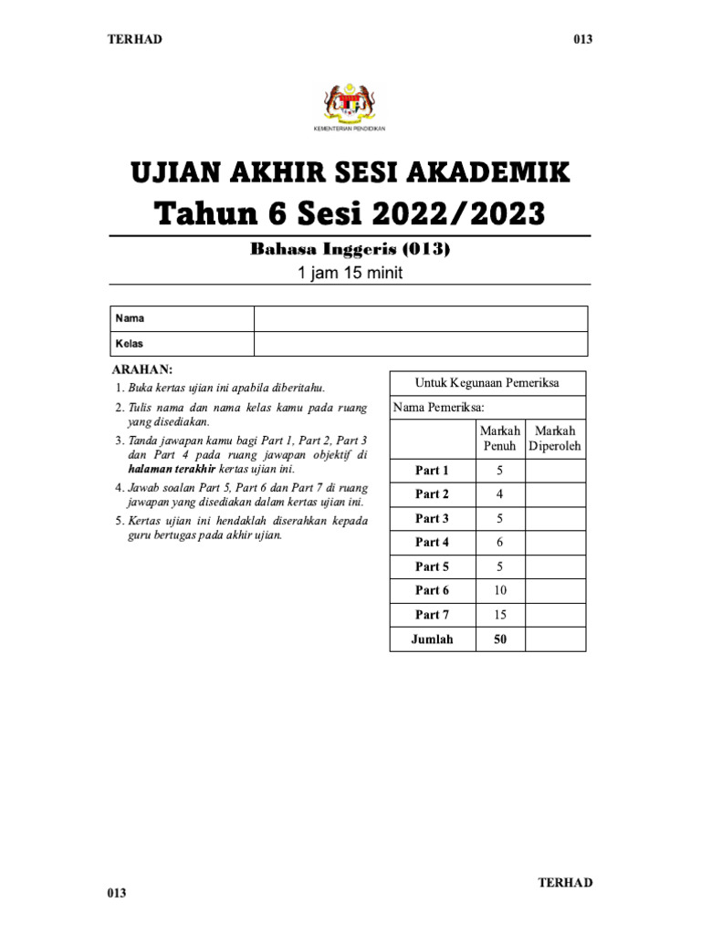 STD 6 BI UASA 20222023 | PDF