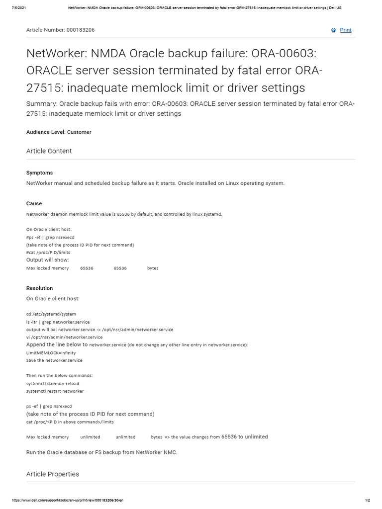 NetWorker - NMDA Oracle Backup Failure - ORA-00603 - ORACLE Server Session Terminated by Fatal ...