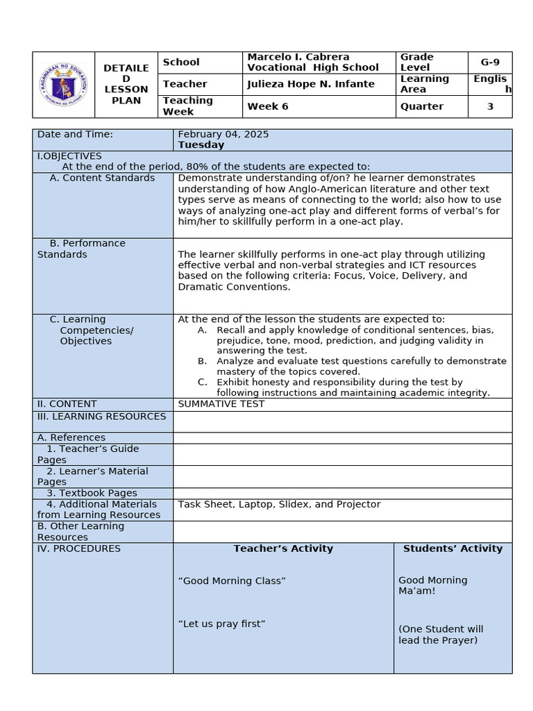ENGLISH Summative Test Lesson Plan | PDF | Learning | Educational ...