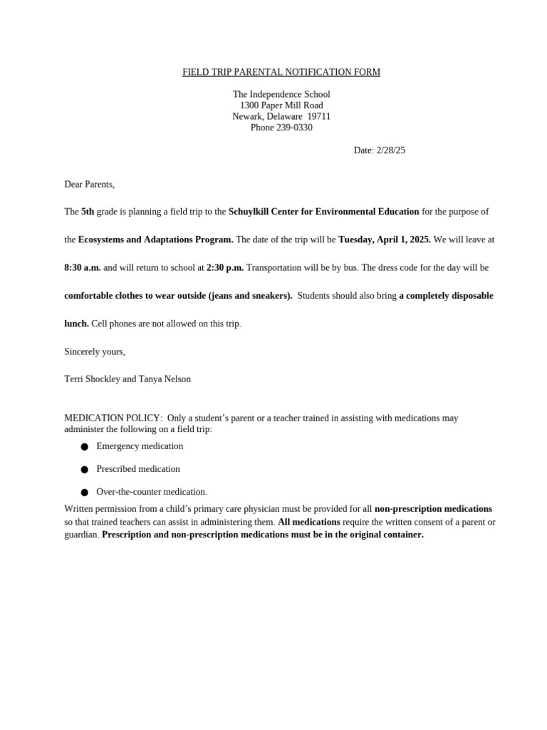 5th Grade Field Trip Notification Form | PDF