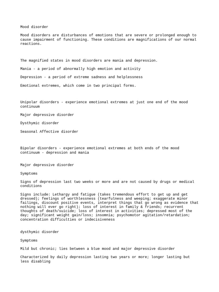 Notes Mood Disorder | PDF | Mania | Bipolar Disorder
