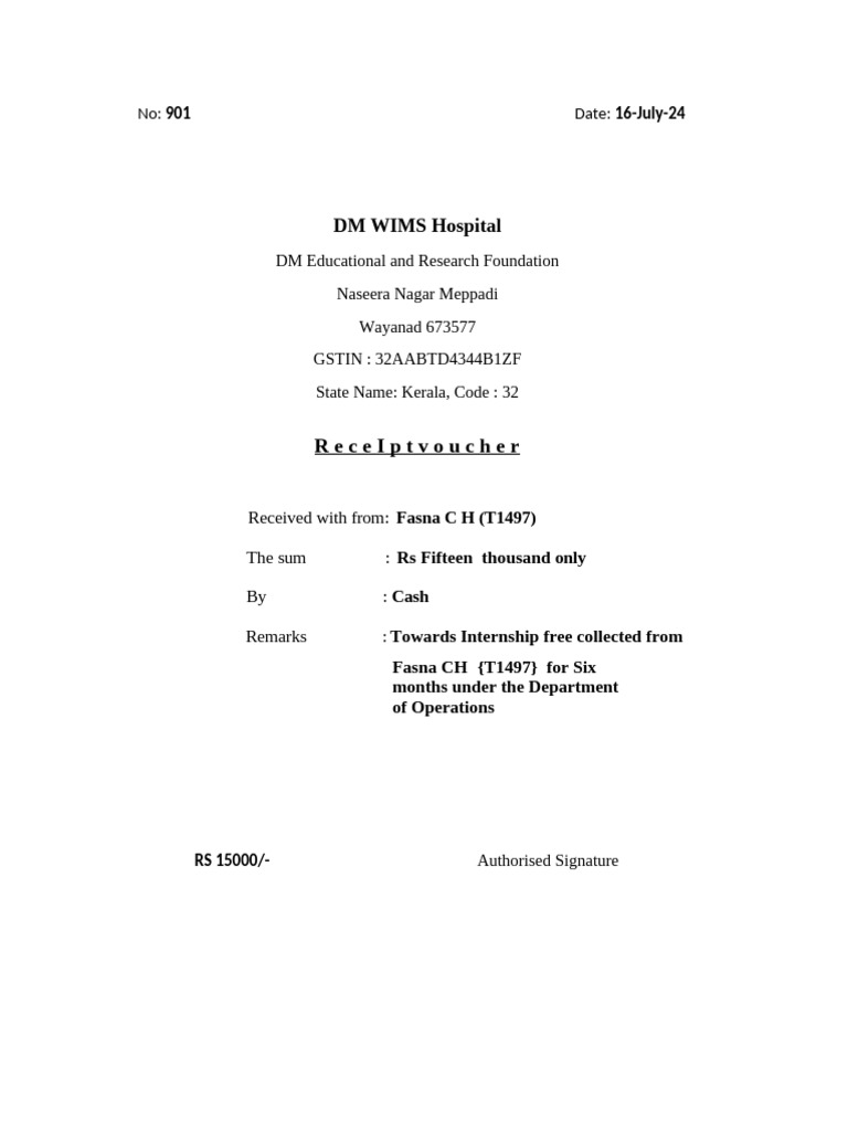 Internship Fee Receipt - DM WIMS Hospital | PDF