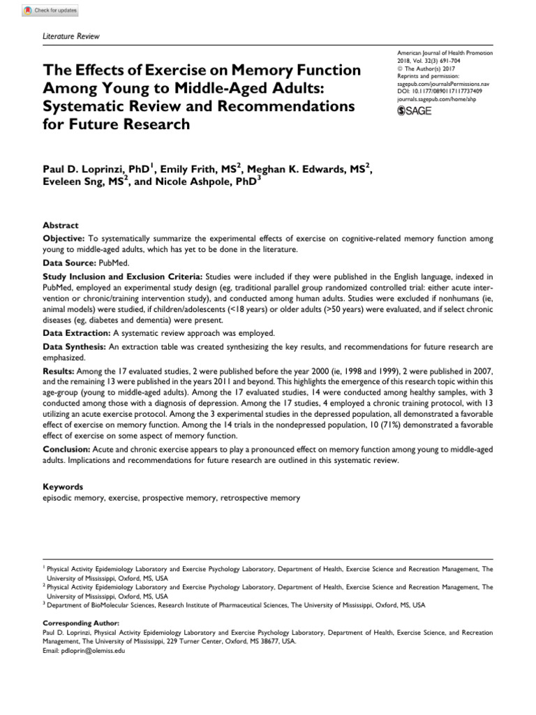 Loprinzi Et Al 2017 The Effects of Exercise On Memory Function Among ...