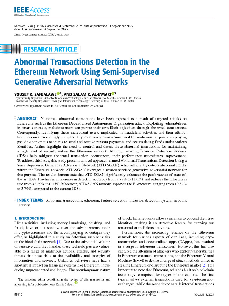 Abnormal Transactions Detection in The Ethereum Network Using Semi-Supervised Generative ...