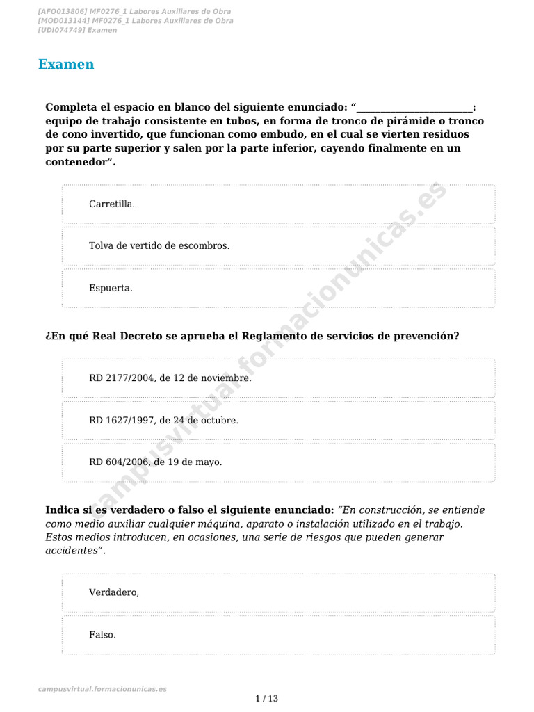 Examen de Labores Auxiliares de Obra | PDF | Hormigón | Ladrillo
