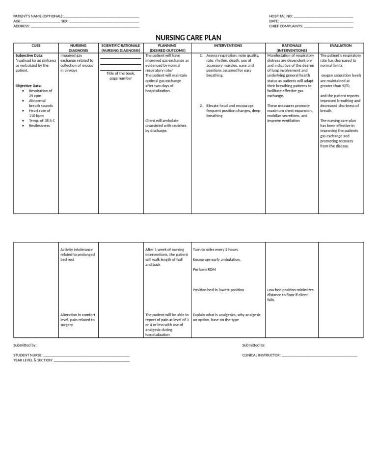Nursing Care Plan Sample | PDF | Breathing | Respiratory System