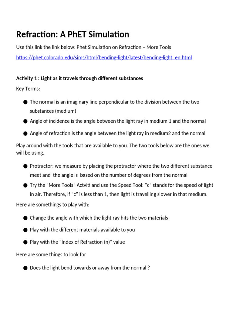 ELL PhET Index of Refraction Intro | PDF