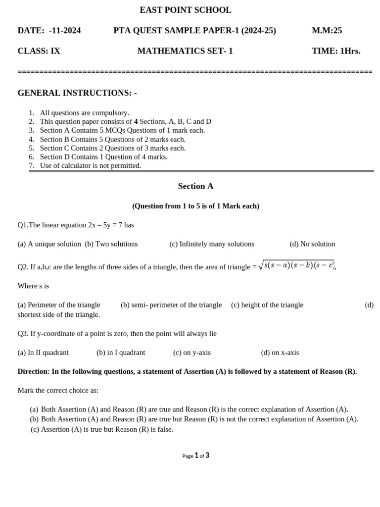 Sample Paper Pta Maths Quest 1 Set 1 Class IX 2024-25 | PDF | Cartesian ...