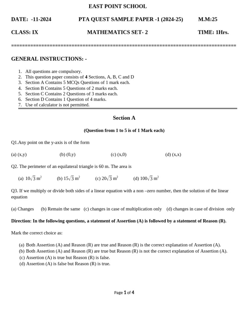 Sample Paper Pta Maths Quest 1 Set 2 Class IX 2024-25 | PDF | Triangle ...