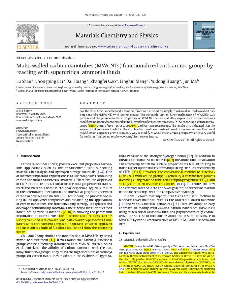 Multi-Walled Carbon Nanotubes (MWCNTS) Functionalized With Amino Groups by Reacting With ...