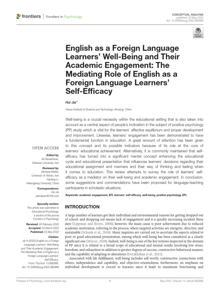 English As A Foreign Language Learners' Well-Being and Their Academic ...