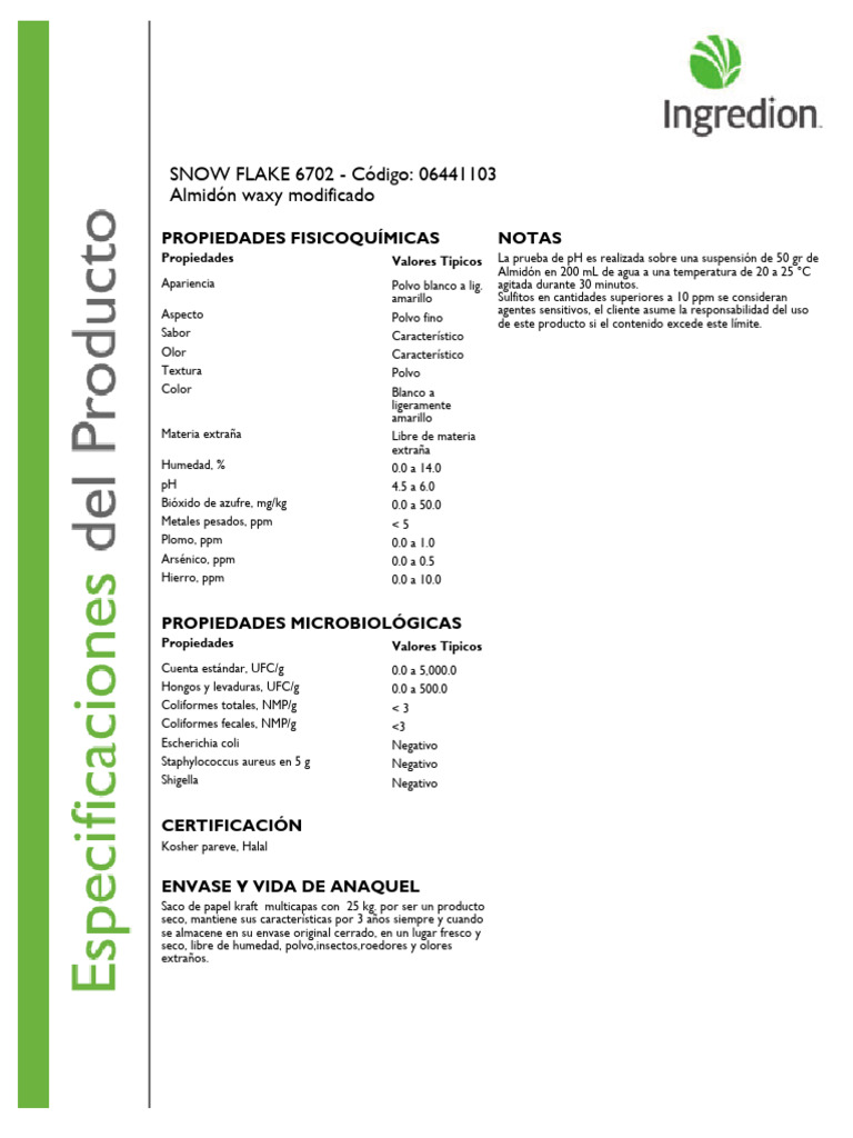 SNOW FLAKE 6702 - Código: 06441103 Almidón Waxy Modificado: Propiedades ...