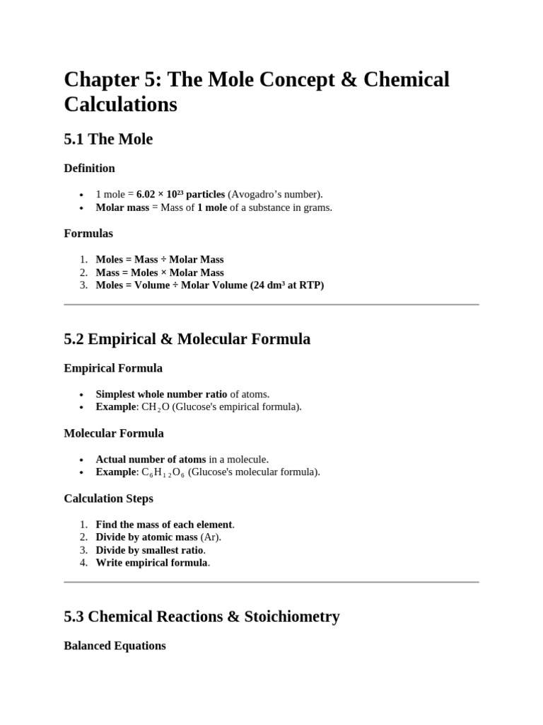 Chapter 5 The Mole Concept & Chemical Calculations | PDF