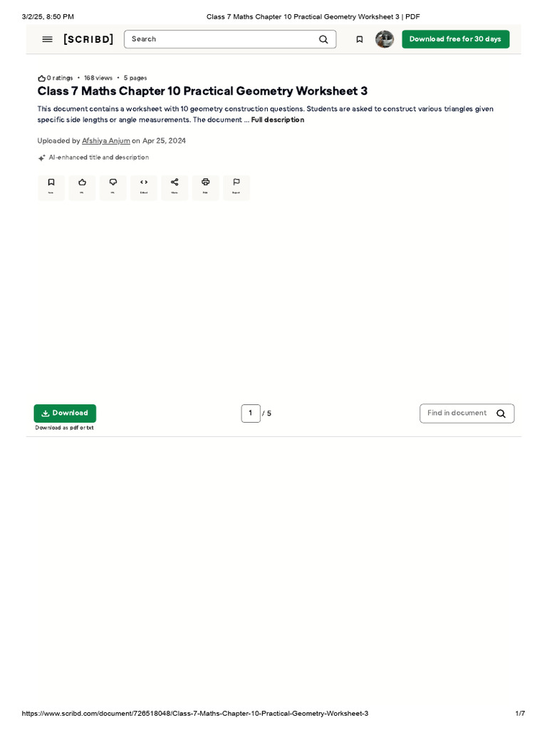 Class 7 Maths Chapter 10 Practical Geometry Worksheet 3 _ PDF | PDF | Scribd | Computing