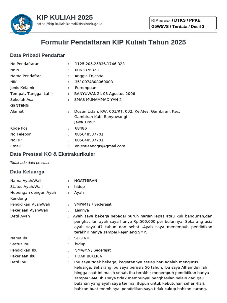 Formulir Peserta KIP Kuliah 2025 | PDF