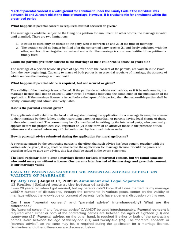 Lack of parental consent,exemp from marriage lic, annullment, legal ...