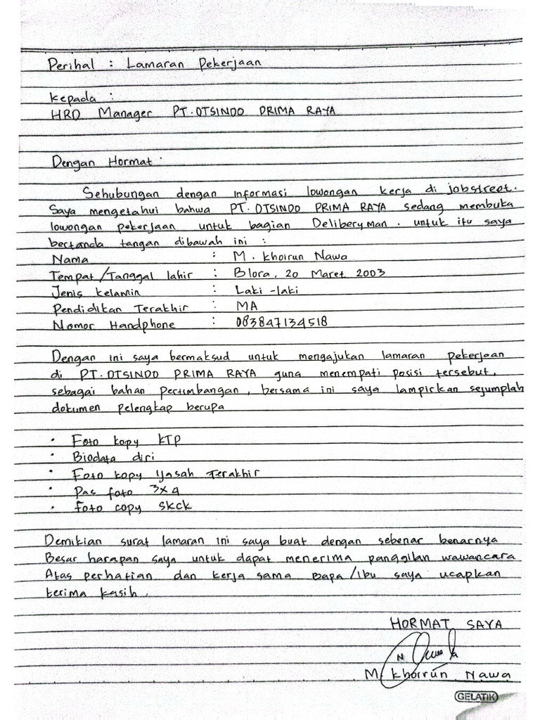 Surat Lamaran Muhammad Khoirun Nawa | PDF