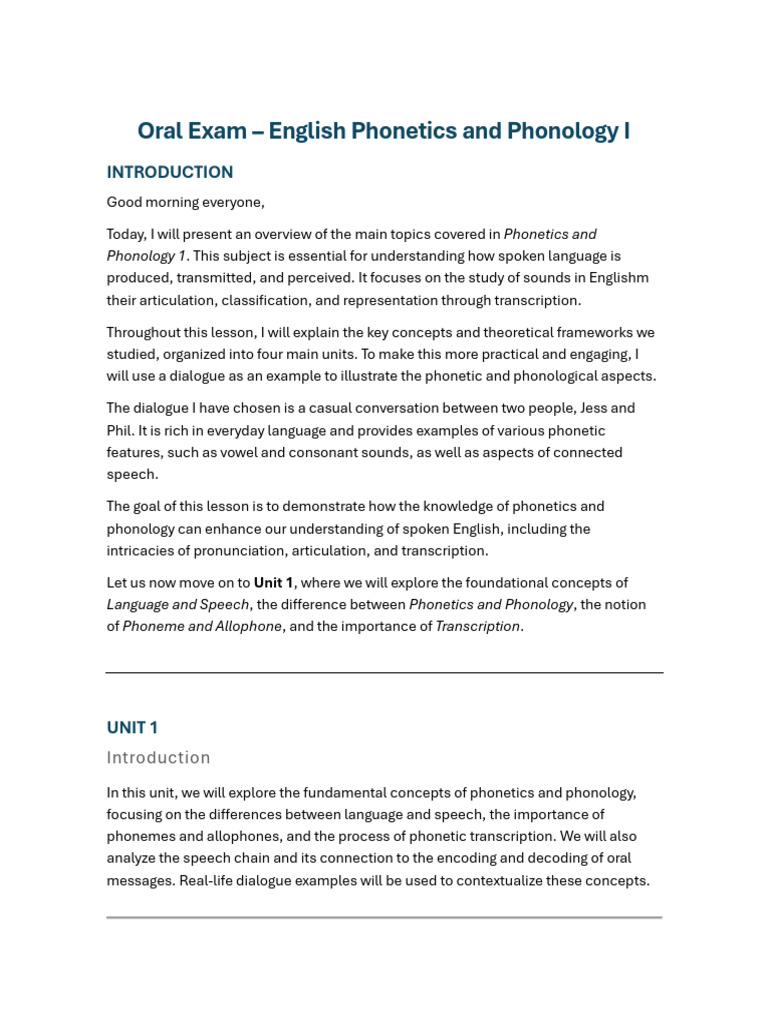 Exam Oral - English Phonetics and Phonology 1 | PDF | Phoneme | Phonetics