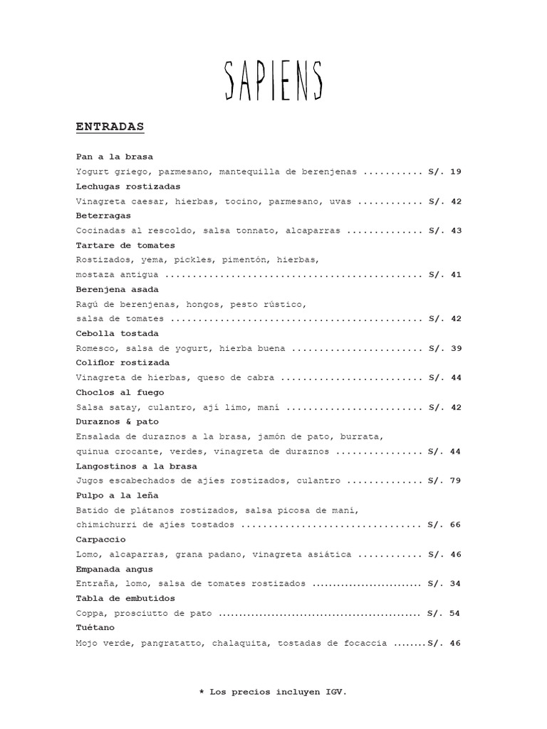 Carta del Restaurante Sapiens | PDF | filete | Alimentos